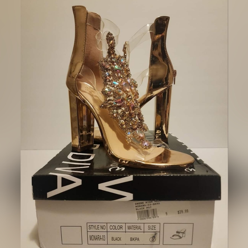 Rose Gold Wide Heal Bling Heels - Gem